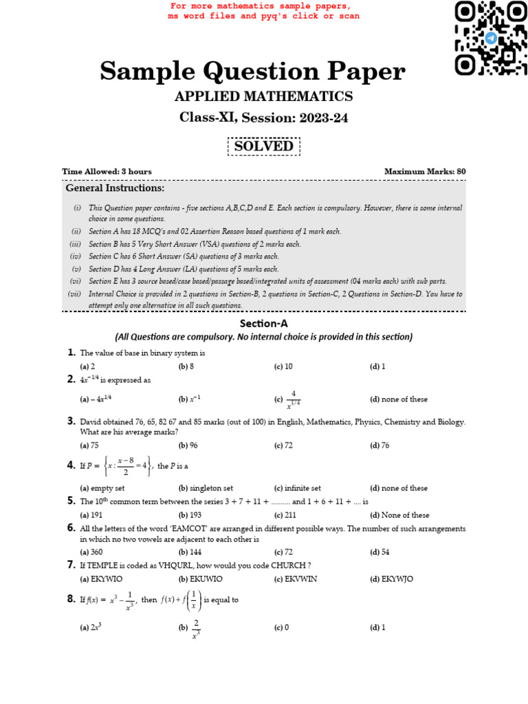 11 Applied Mathematics Sample Paper Osw | PDF | Applied Mathematics