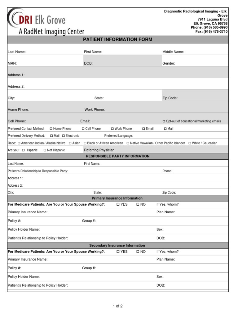 DRI Elk Grove - BLANK Patient Information Form English | PDF | Race And ...