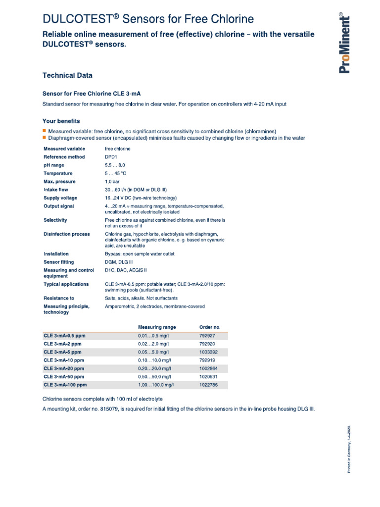 ProMinent Free Chlorine Sensor CLE 3-Ma - PN 792920 | PDF