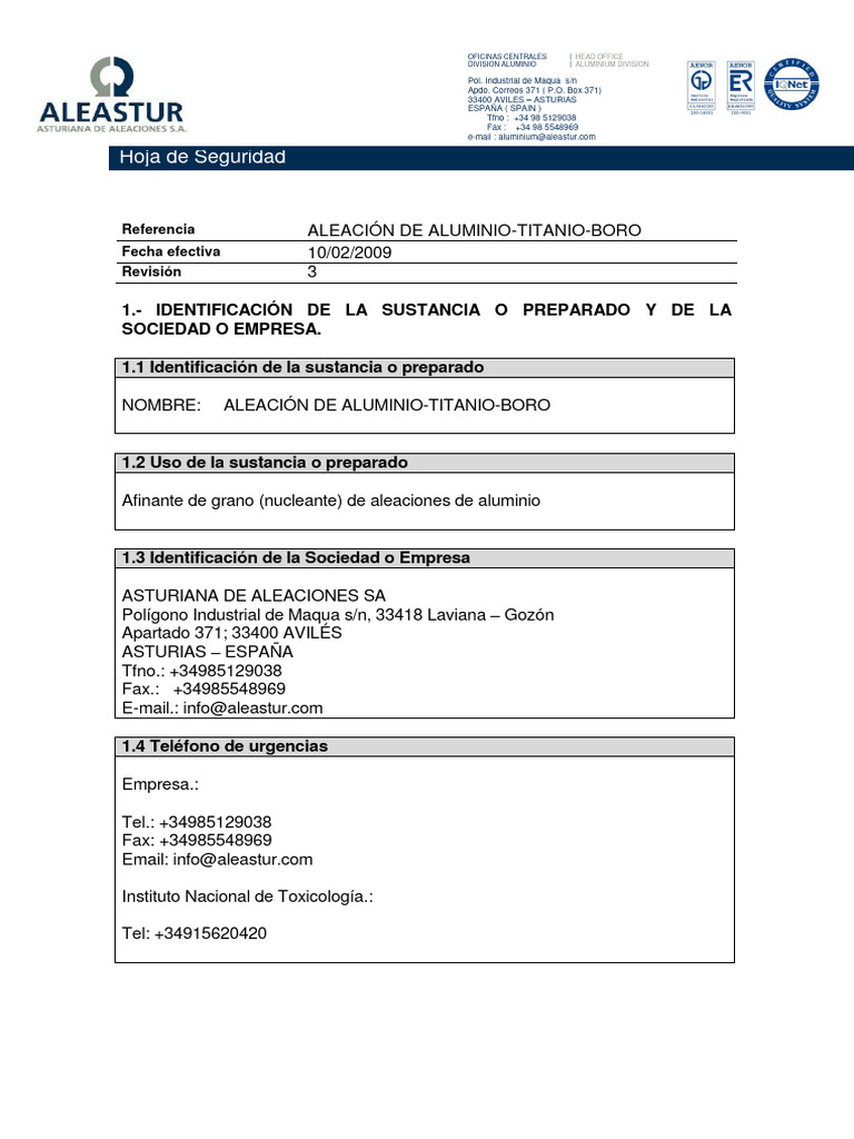 A-10 Aleación de Aluminio-Titanio-Boro (Aleastur) | PDF | Aluminio | Agua