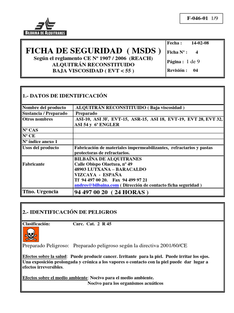 Ficha de Seguridad del Alquitrán Reconstituido | PDF | Toxicidad | Química