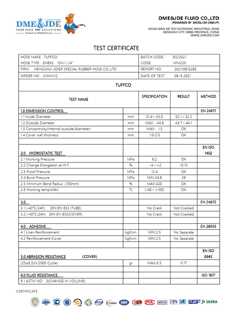 Dme Jde Hose Performance Test Report | PDF | Materials | Building ...