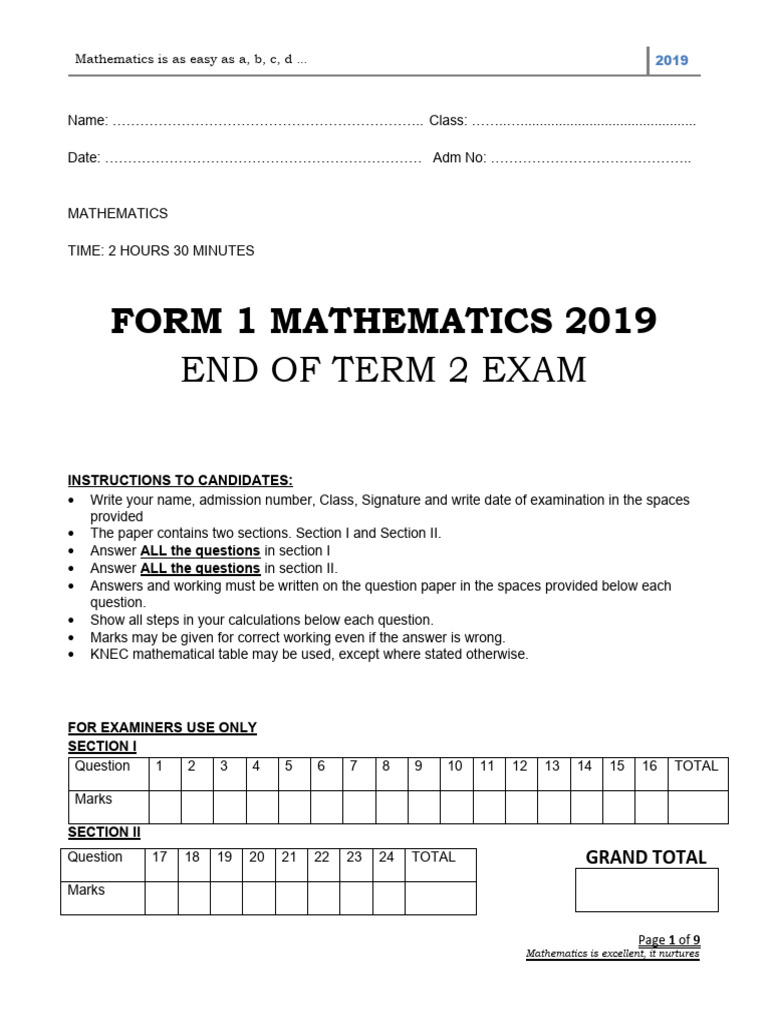 Maths Form 1 End of Term 2 QP Set 2 | PDF | Area | Volume