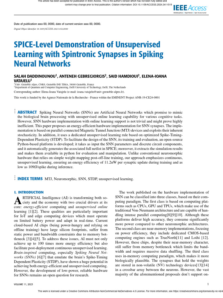 Salah Ieeeaccess SPICE-Level Demonstration of Unsupervised Learning With Spintronic Synapses in ...