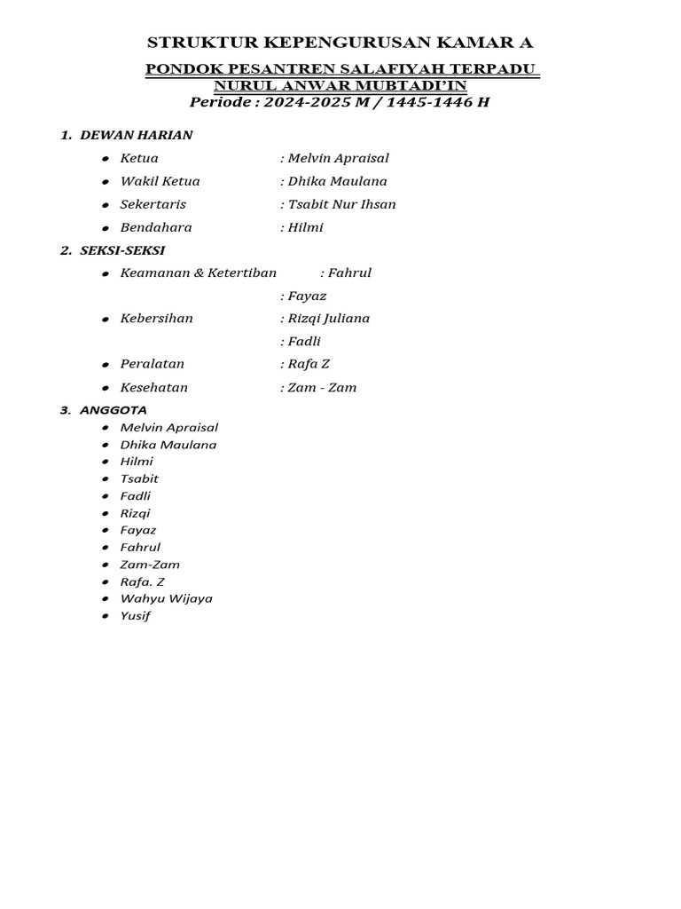 Struktur Kepengurusan Kamar A | PDF