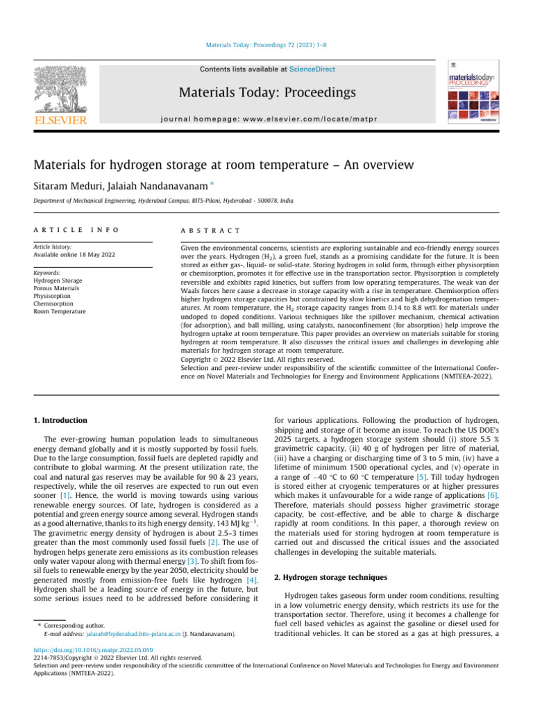 Materials For Hydrogen Storage at Room Temperature - An Overview | PDF ...