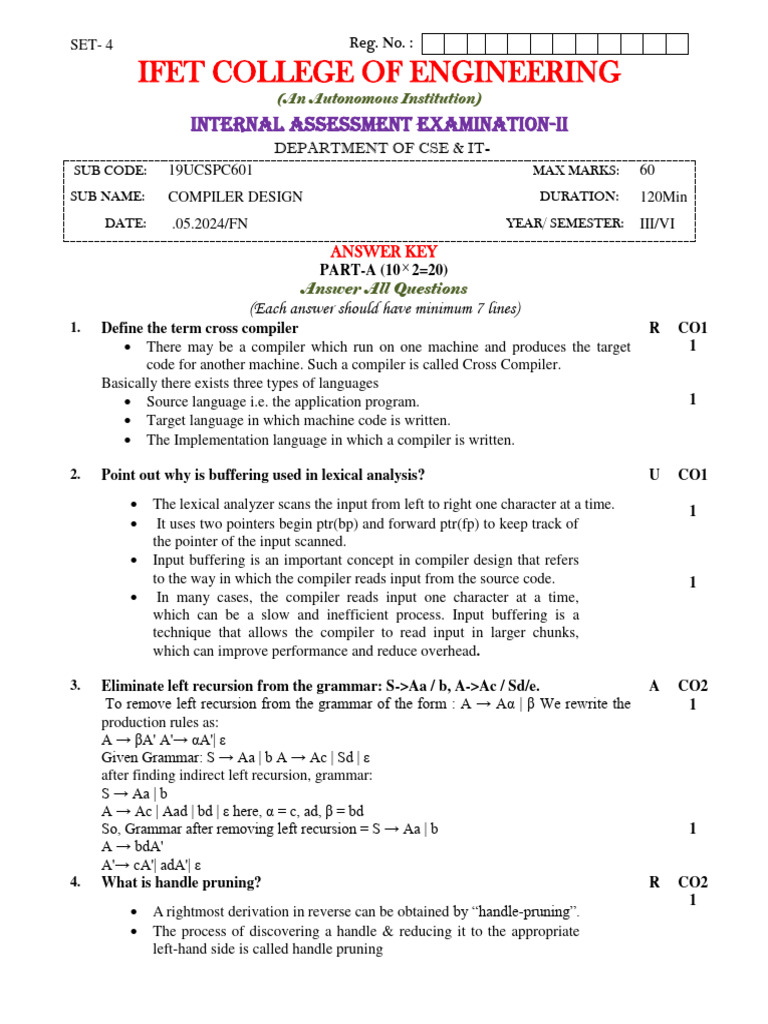 Compiler Design Internal Assessment Key | PDF | Parsing | Compiler