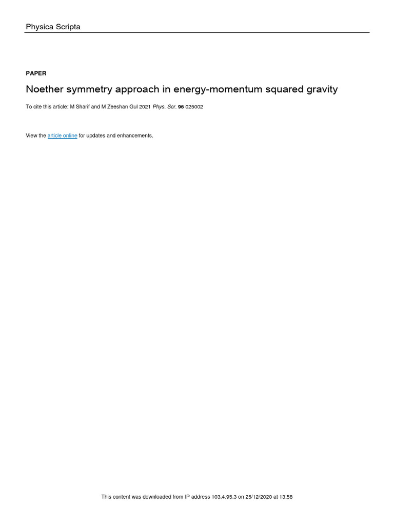 Noether Symmetry Approach in Energy-Momentum Squared Gravity | PDF ...