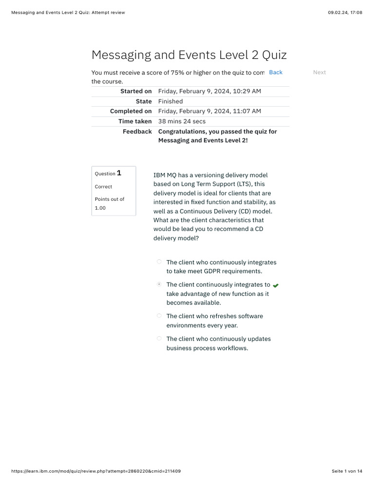 Messaging and Events Level 2 Quiz Attempt Review | PDF | Cloud Computing | Systems Engineering