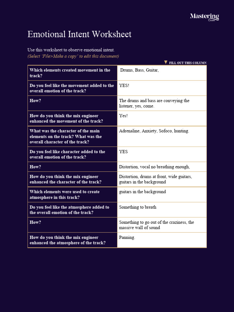 Emotional Intent Worksheet | PDF | Albums | Recorded Music