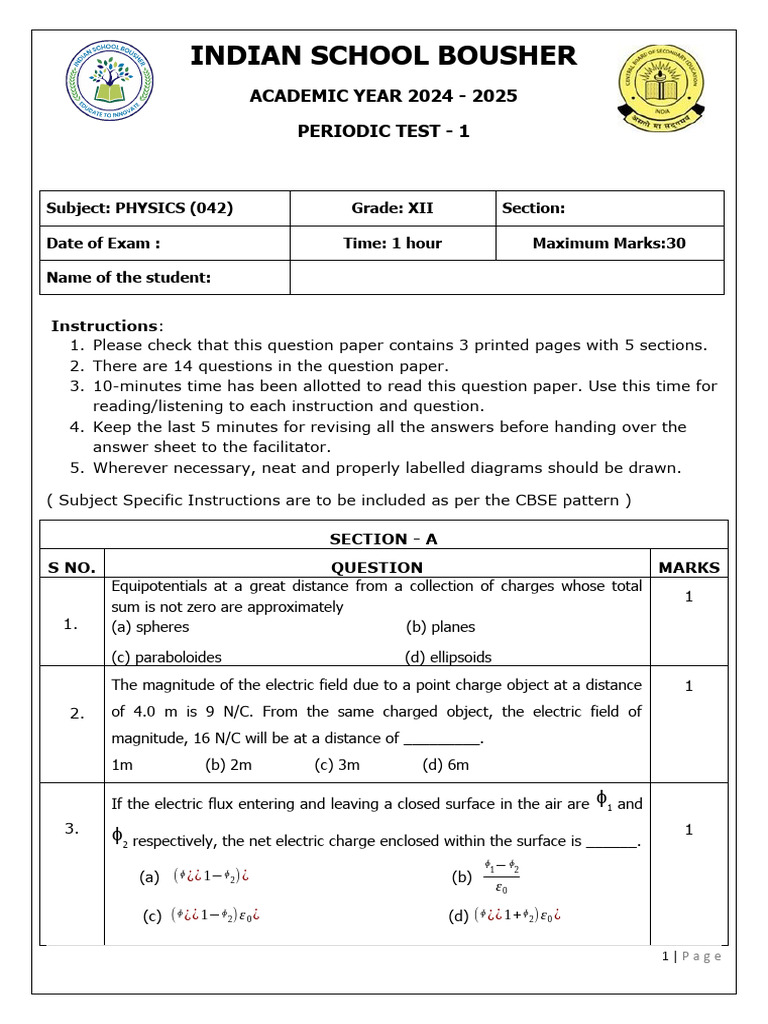 ISB PHYSICS GR12 PT1 QPFinal | PDF | Electric Field | Force
