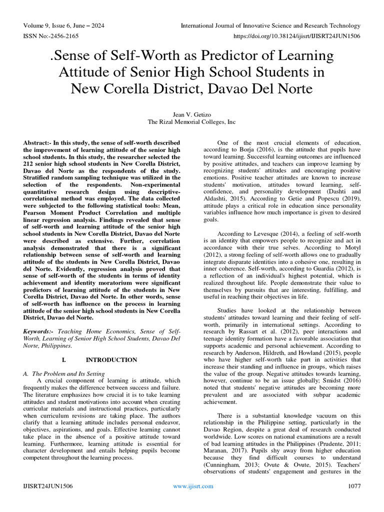 .Sense of Self-Worth as Predictor of Learning Attitude of Senior High ... .Sense of Self-Worth as Predictor of Learning Attitude of Senior High ...