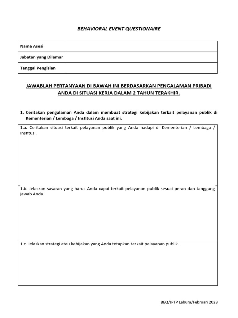 Form Behavioral Event Questionaire (BEQ) | PDF | Bisnis