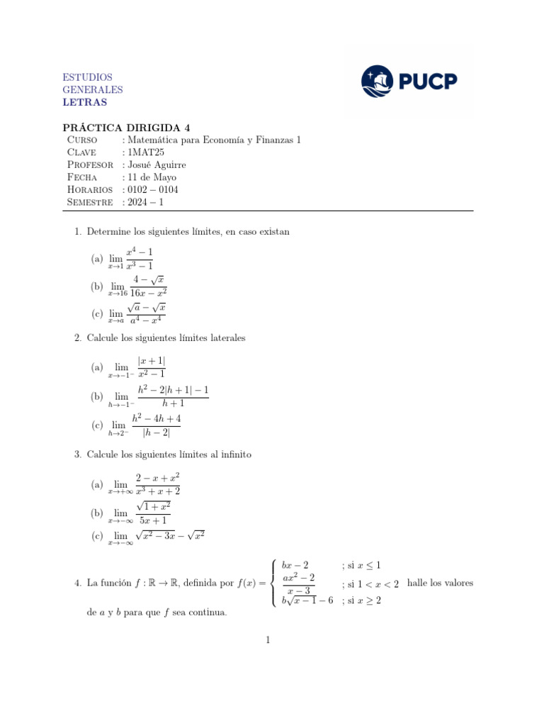 PD4 Mateco1 2024-1 | PDF | Matemáticas