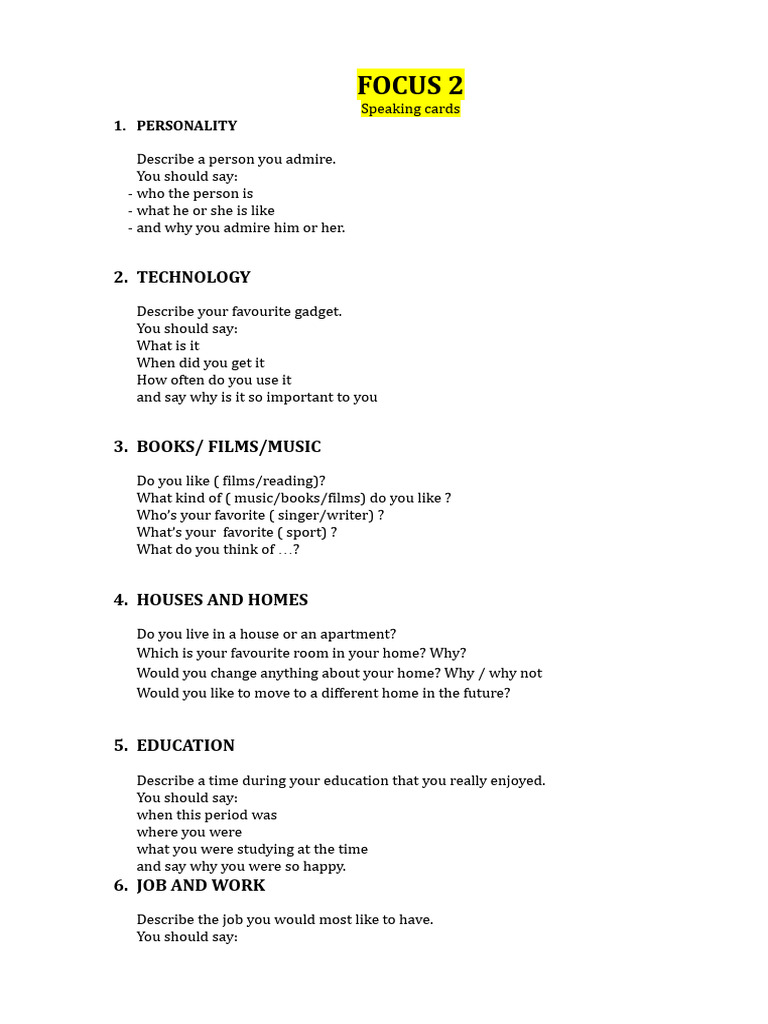 Focus 2 Speaking Cards - Docx-2 | PDF | Career & Growth | Foreign ...