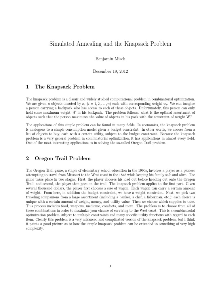 Simulated Annealing For Knapsack Problem | PDF | Mathematical Optimization | Applied Mathematics