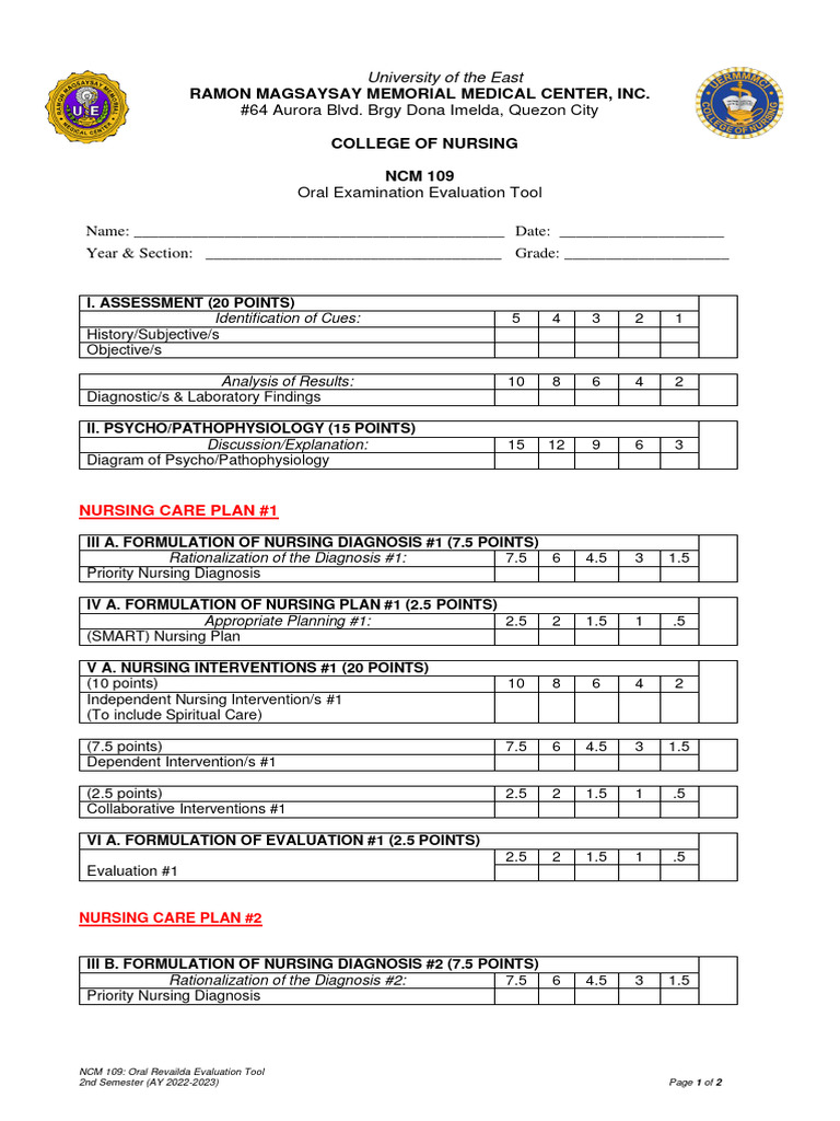 1 NCM 109 Oral Exam Tool Template 2023 1 | PDF | Nursing | Health Sciences