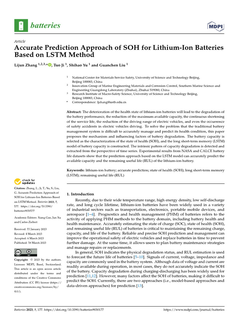Accurate Prediction Approach of SOH For Lithium-Ion Batteries Based On LSTM - MDPI Batteries ...