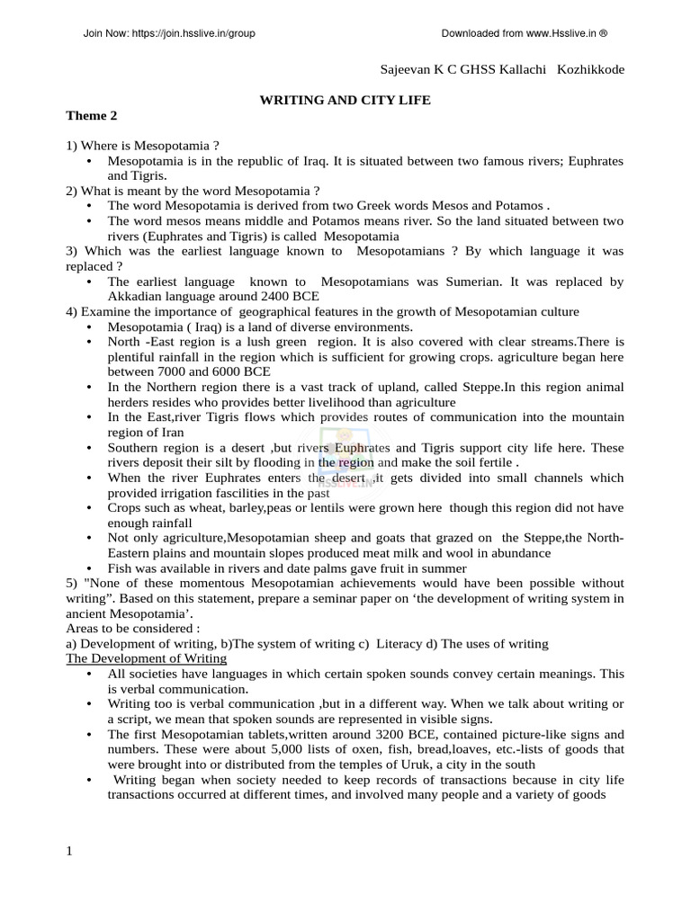 Hsslive Xi History CH 2 English Sajeevan | PDF | Mesopotamia | Writing Hsslive Xi History CH 2 English Sajeevan | PDF | Mesopotamia | Writing