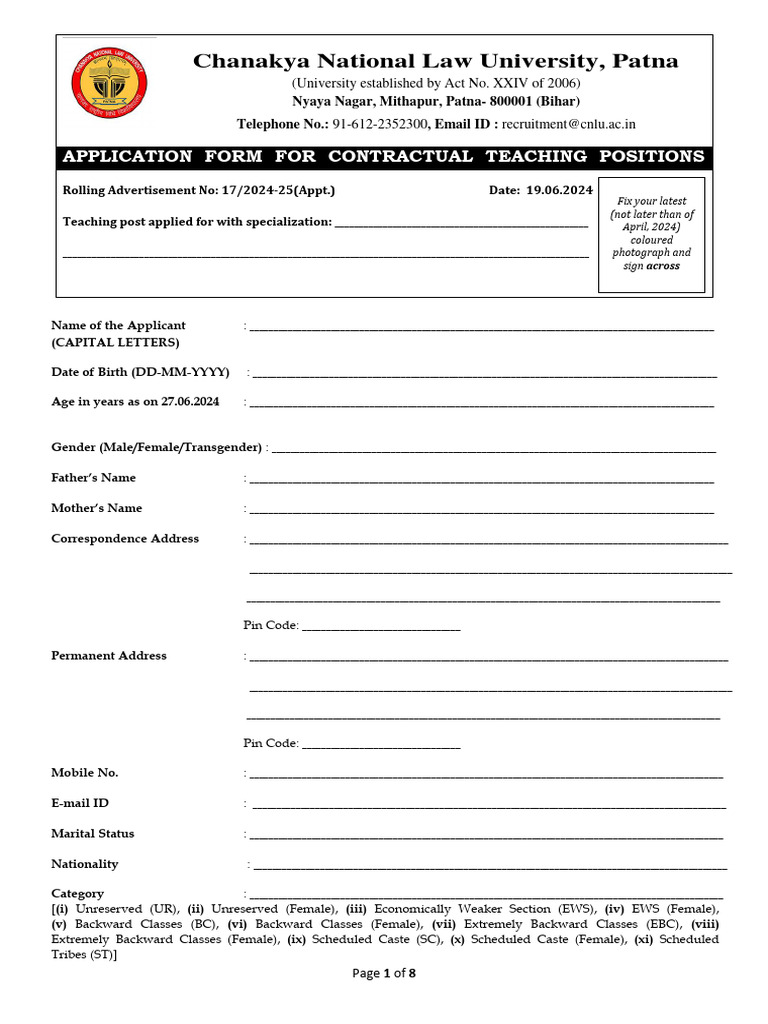 CNLU Patna Contractual Teaching Application | PDF | Doctor Of Philosophy | Academic Degree