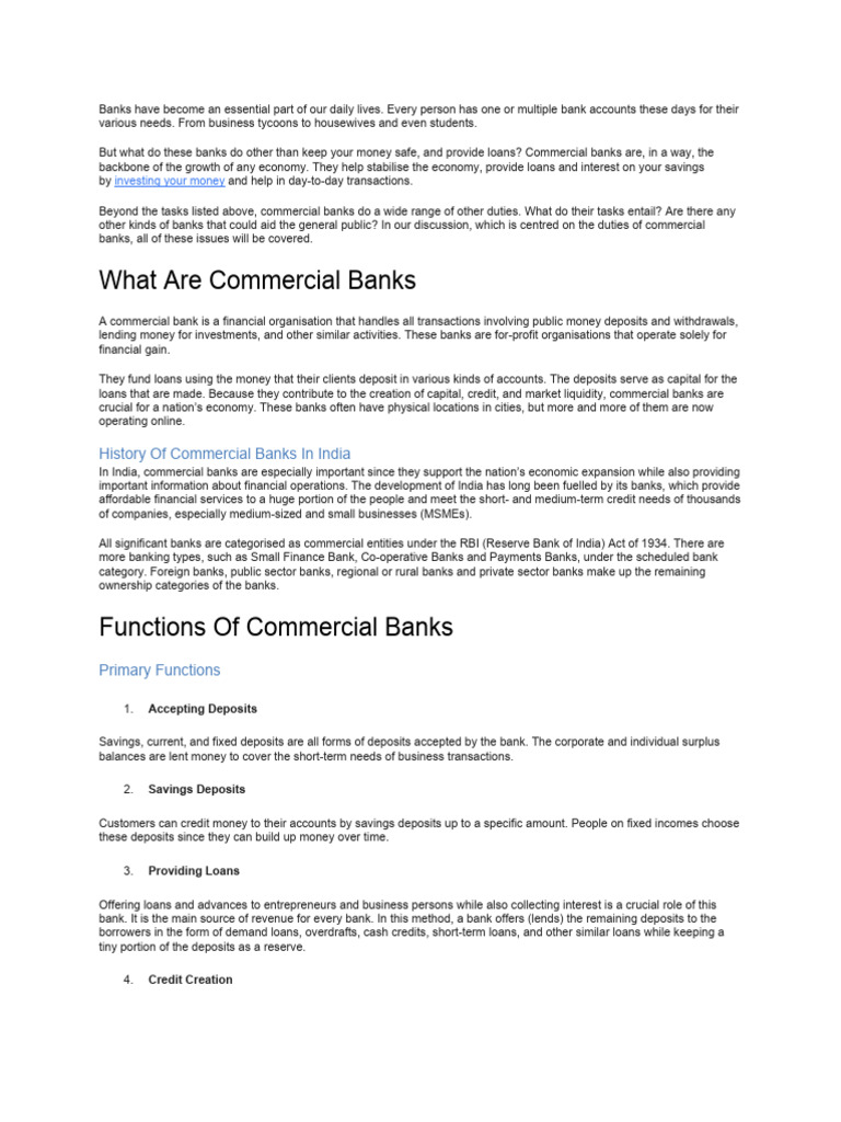Role of commercial bank | Download Free PDF | Banks | Money