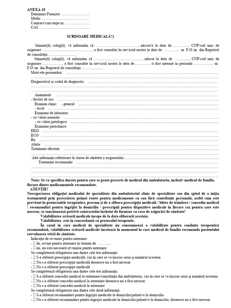 Anexa 43 SCRISOARE MEDICALA Noua | PDF