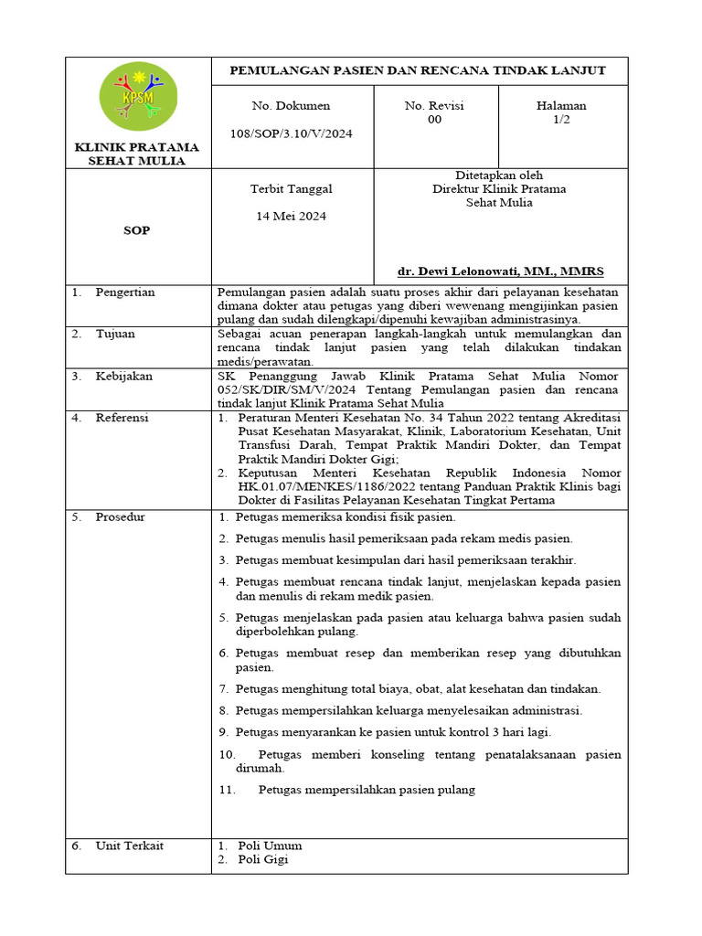 Sop Pemulangan Pasien BM | PDF