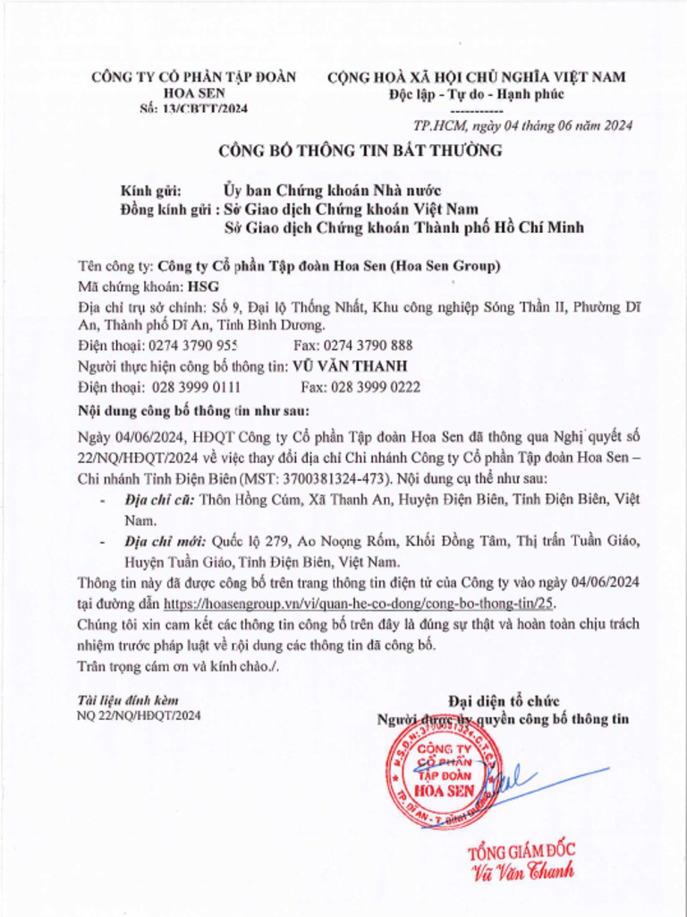 HSG cbtt13 NQ Thay Doi Dia Chi Chi Nhanh Tinh Dien Bien | PDF
