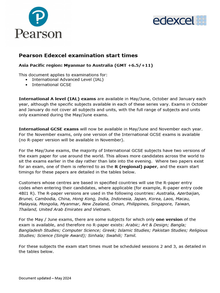 Pearson Edexcel Exam Start Times 2024 | PDF | Asia | Qualifications