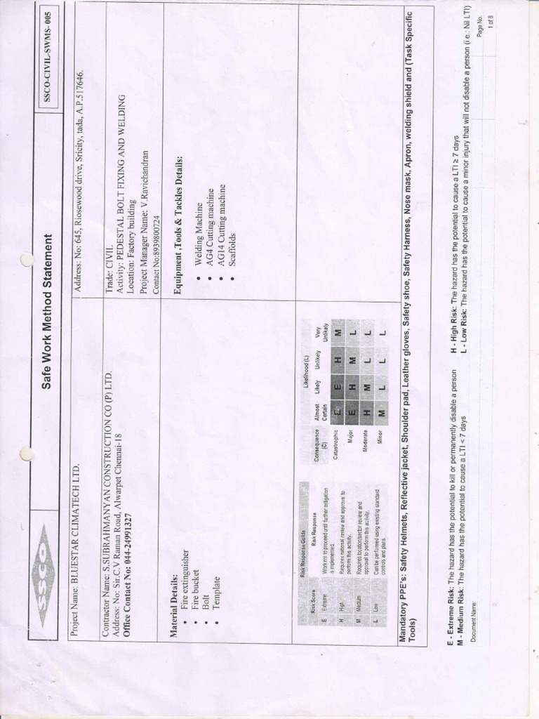 SWMS-CIVIL-005 Pedestal Bolt Fixing and Welding | PDF