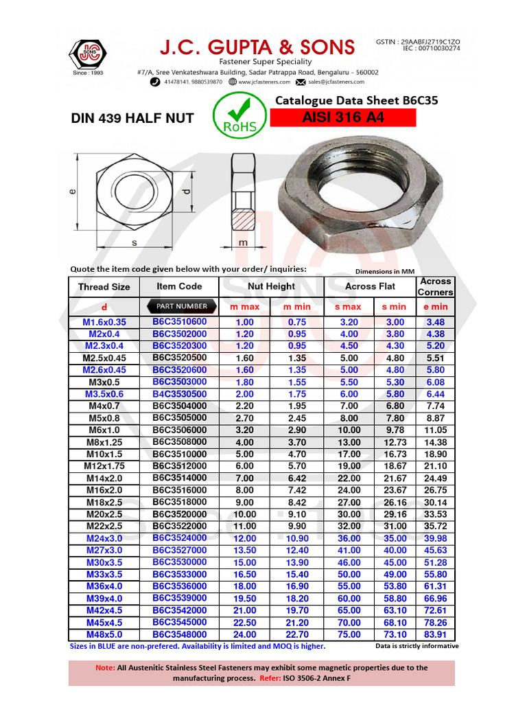 DIN 439 Half Nut Weight Chart | PDF | Nut (Hardware)
