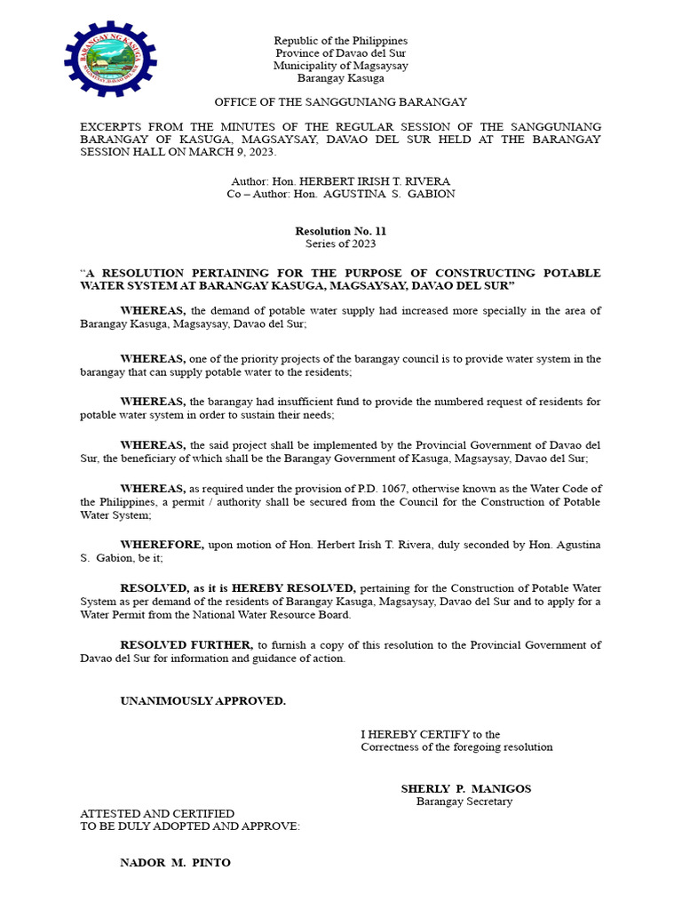 Resolution for Potable Water System | PDF | Government