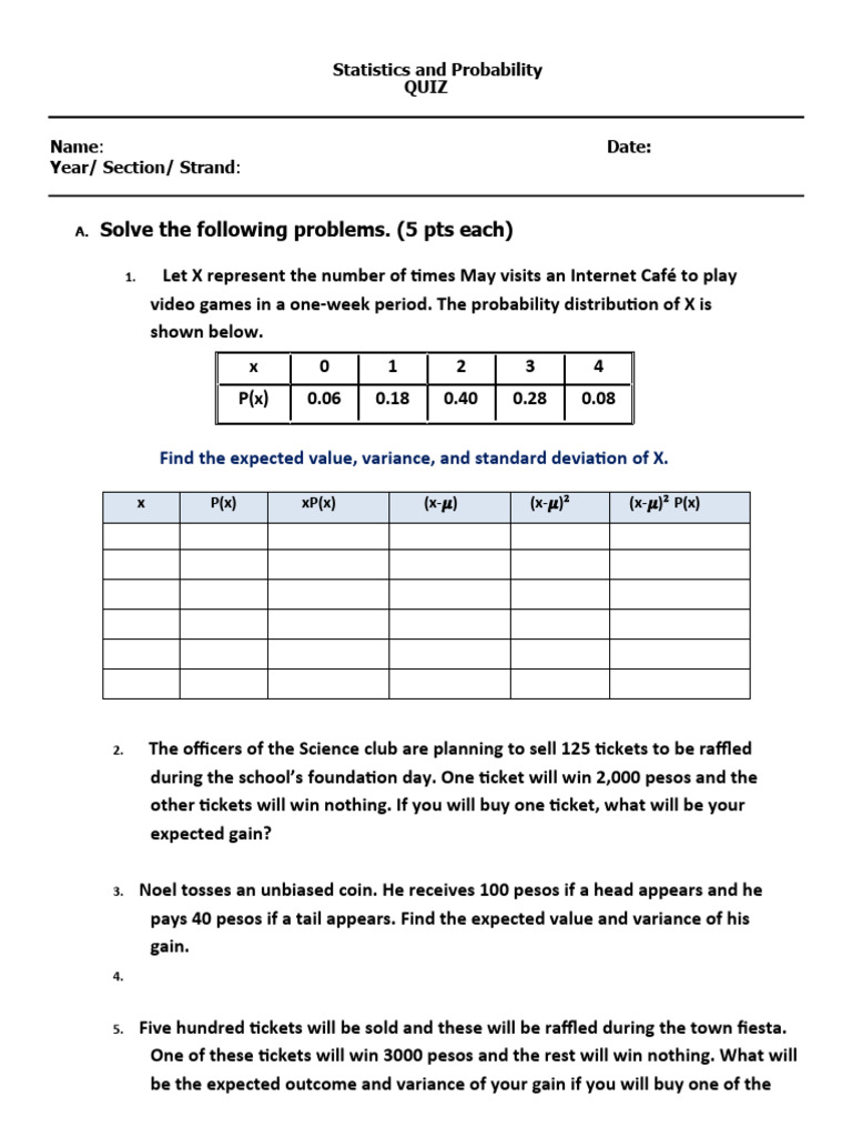 SP Quiz 3 - Problem Solving Involving Mean, Variance, and SD | PDF | Variance | Expected Value