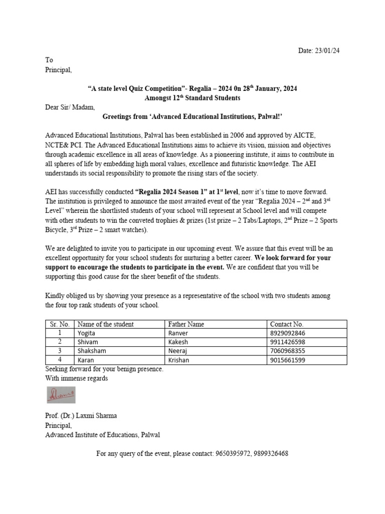 Letter To Principal ( | PDF