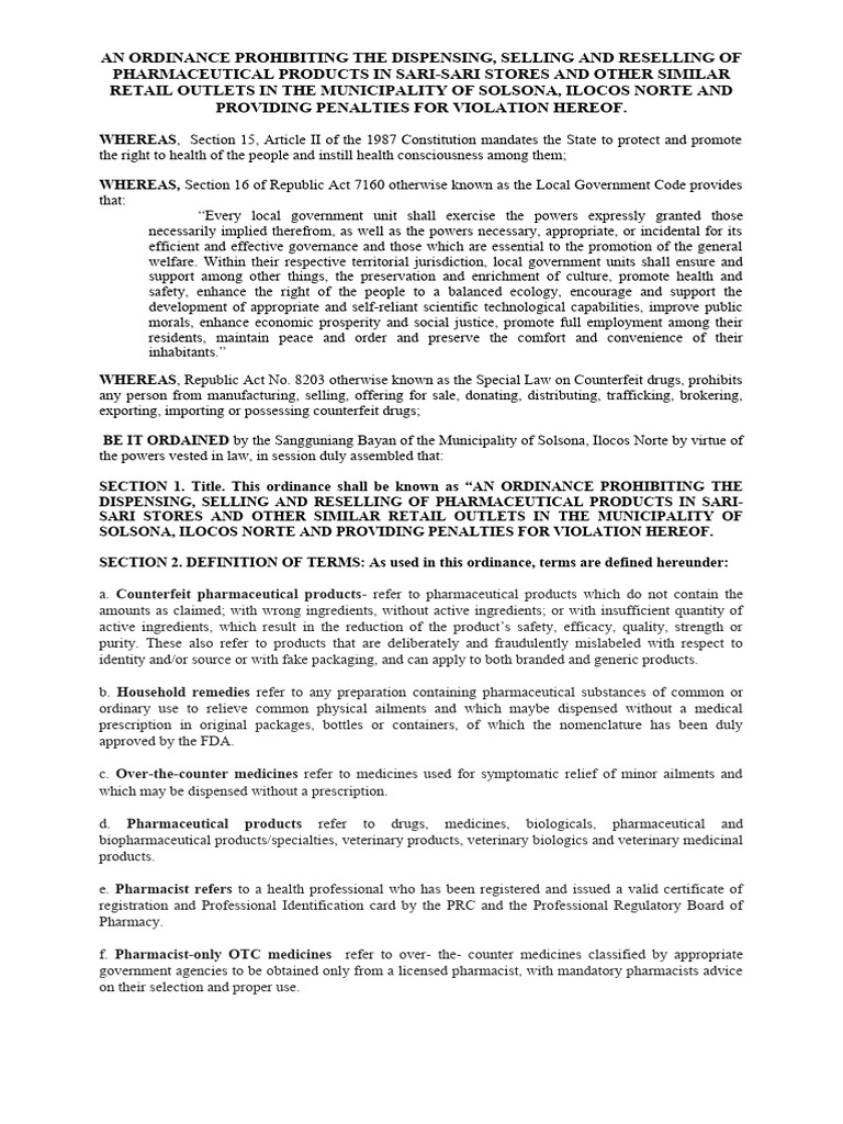 Banning The Selling of Pharmaceutical in Sari Sari Store 2 | PDF | Over ...