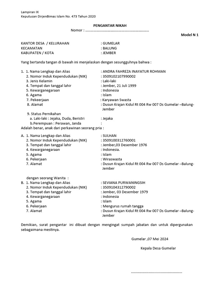 Model N1 (PENGANTAR NIKAH) | PDF