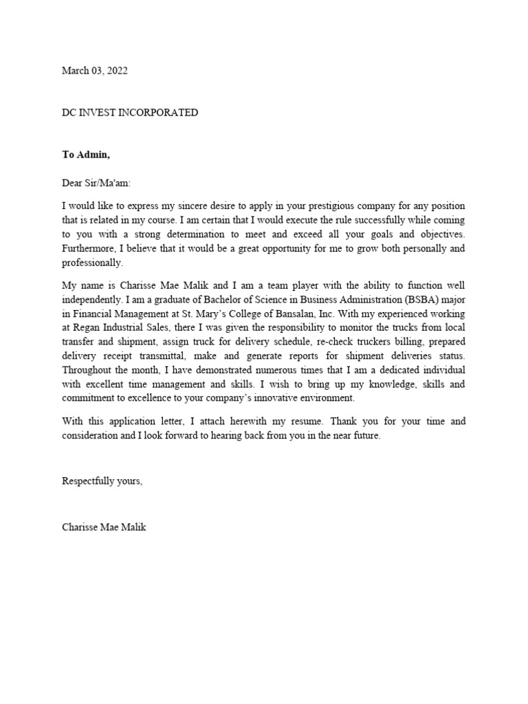 Malik's Application for Porter Position | PDF | Career & Growth