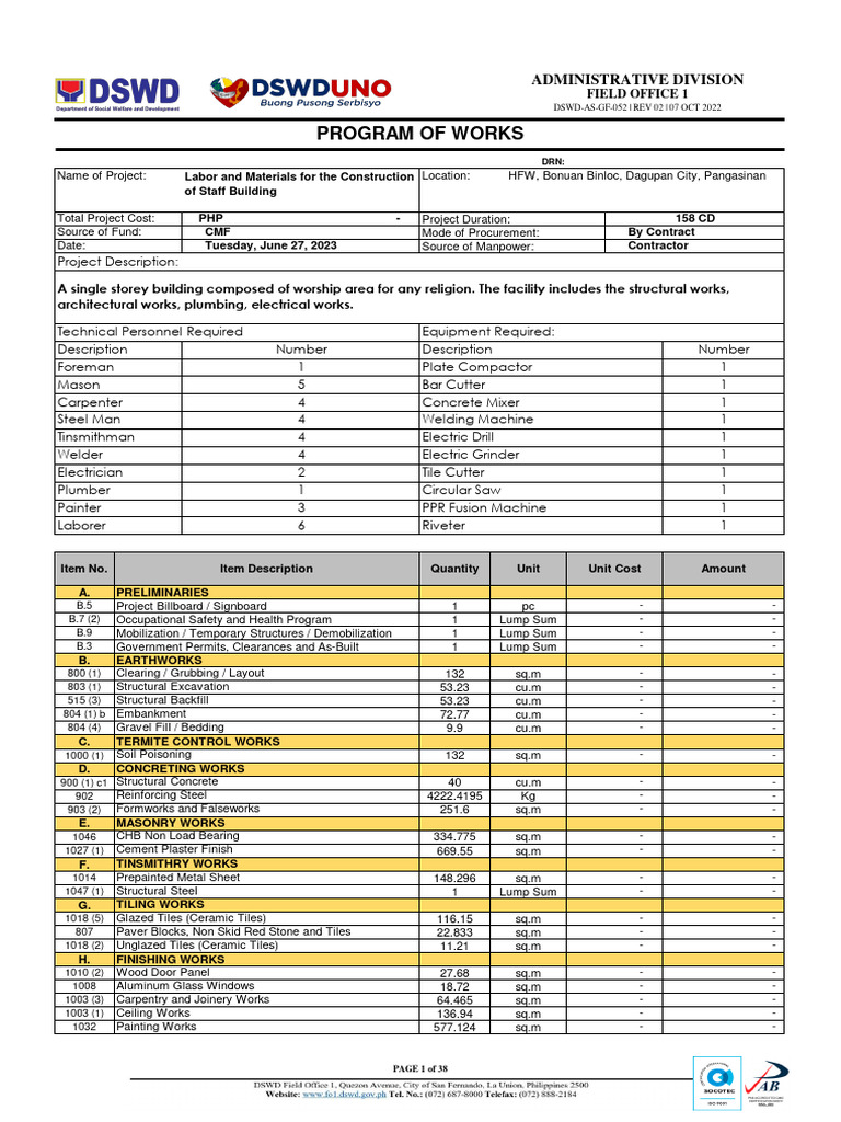 Lot No. 6 Construction of Staff Building Blank POW DUPA | PDF | Tile | Masonry