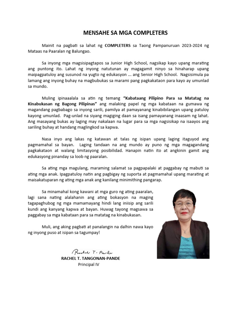 Completion Message Principal | PDF