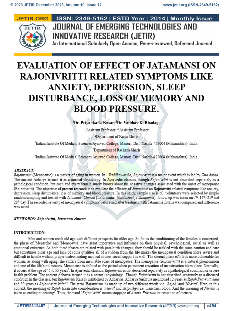 Evaluation of Effect of Jatamansi On Rajonivritti Related Symptoms Like ... Evaluation of Effect of Jatamansi On Rajonivritti Related Symptoms Like ...