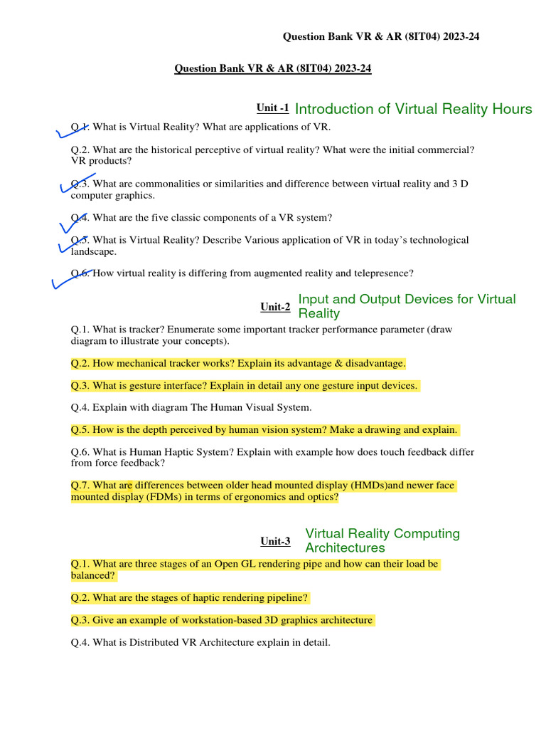 Question Bank VR & AR 2023-24 | PDF | Augmented Reality | Virtual Reality