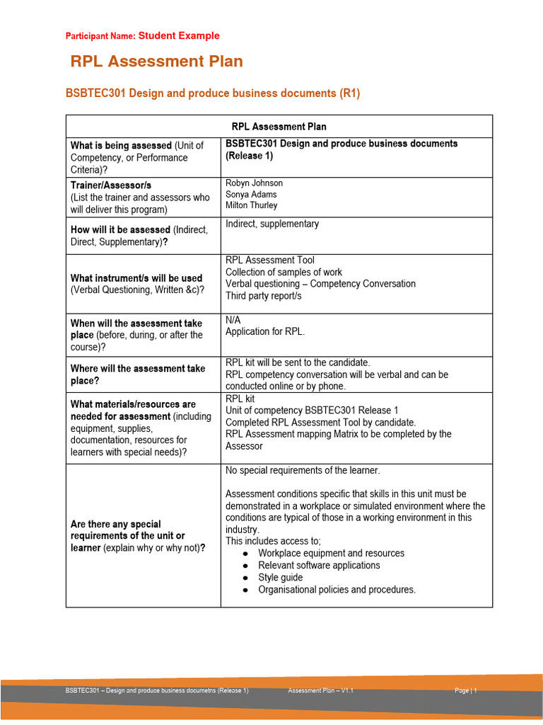 V1.1 BSBTEC301 - RPL Assessment Plan Exemplar | PDF | Learning | Human ...