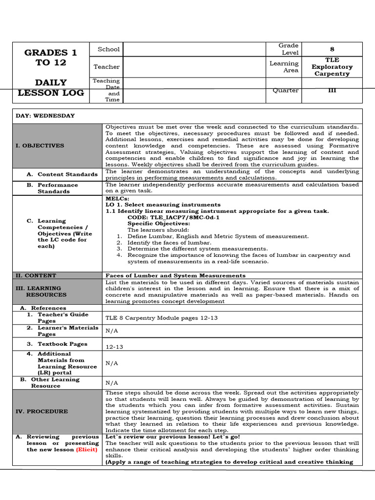 Lesson Log G8 TLE - Week 3 Lumbar and System of Measurement | PDF | Learning | Teachers