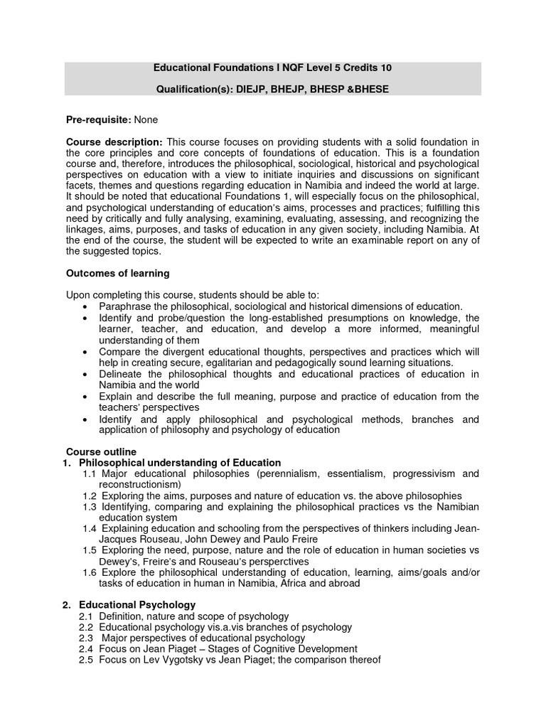Foundations of Education Course Overview | PDF | Educational Psychology ...
