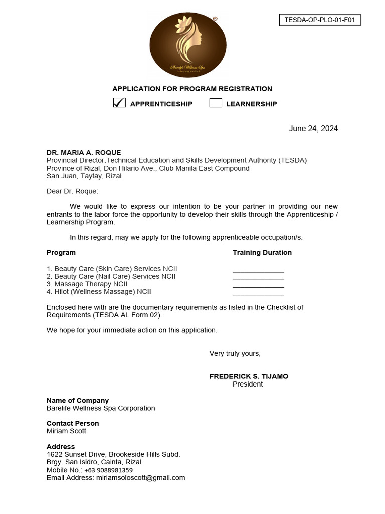 FORMS Apprenticeship and Learnership IG Barelife As of June 22, 2024 ...