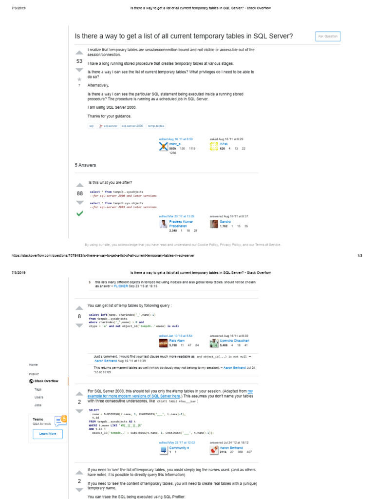 Is There A Way To Get A List Of All Current Temporary Tables In Sql Server Stack Overflow
