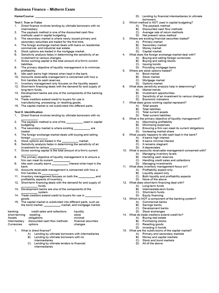 BusFin MidTerm Exam | PDF | Financial Markets | Market Liquidity