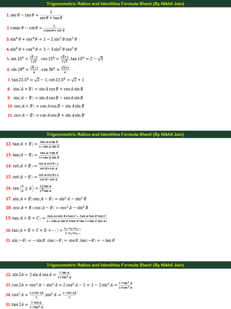 Trigonometric Ratios and Identities Formula Sheet | PDF