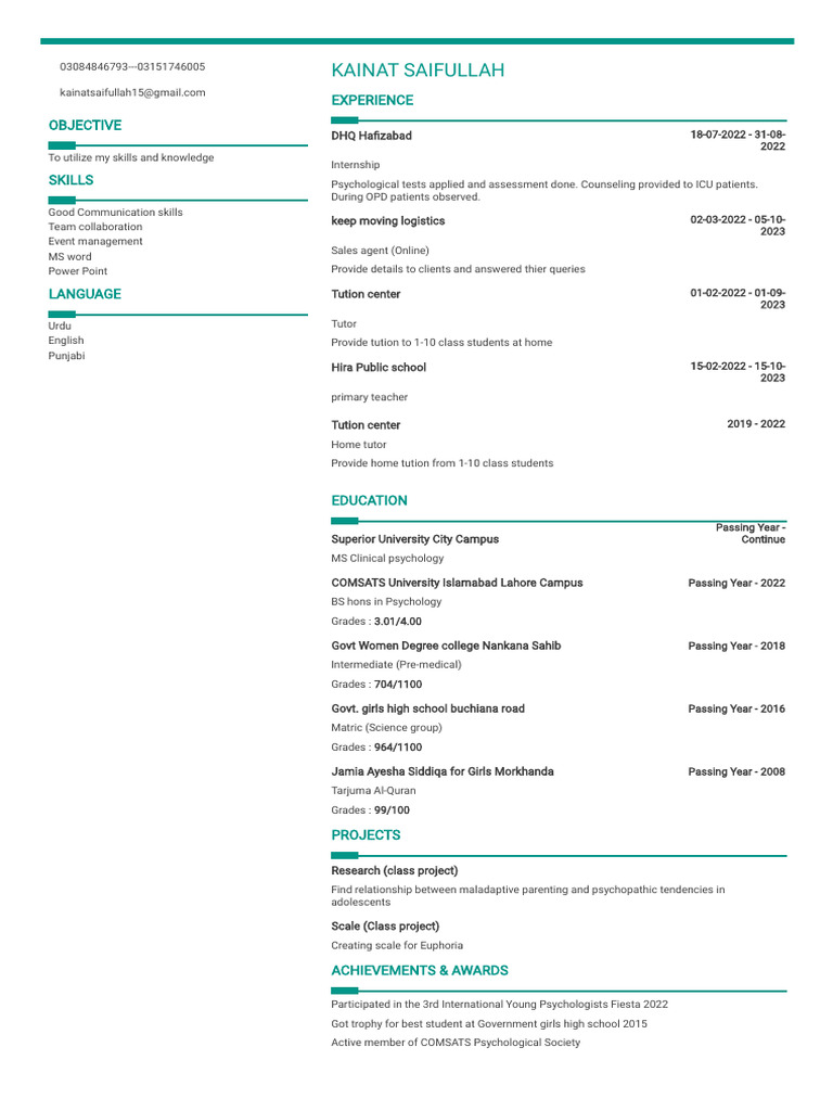 Kainat Resume | PDF | Applied Psychology | Psychological Concepts