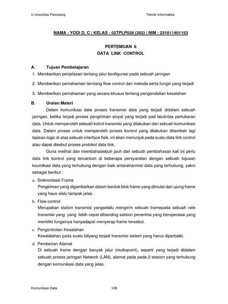 Tugas Komunikasi Data P8. Yodi Dwi Cahyo - 231011401153 (Data Link Control) | PDF